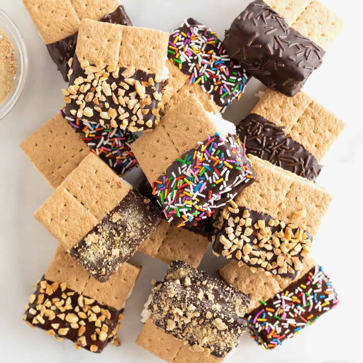 Chocolate-Dipped Graham Cracker Ice Cream Sandwiches - The BakerMama