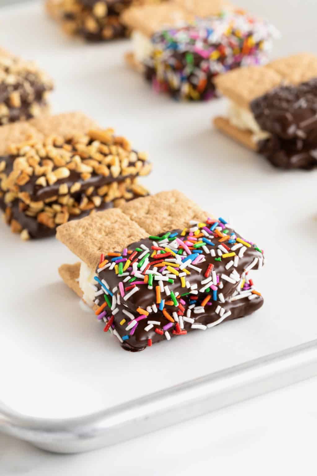 Chocolate-Dipped Graham Cracker Ice Cream Sandwiches - The BakerMama