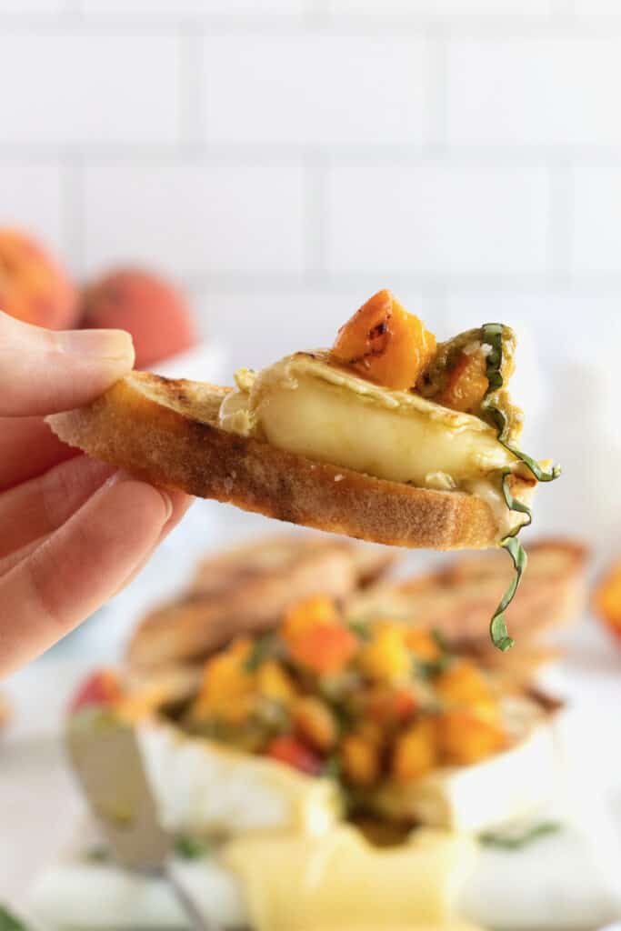 Grilled Brie with Peaches and Pesto - The BakerMama