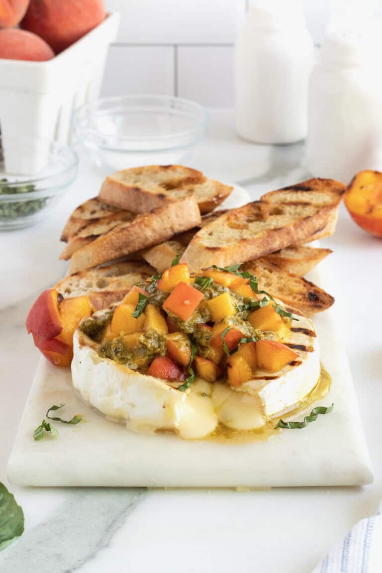 Grilled Brie with Peaches and Pesto - The BakerMama